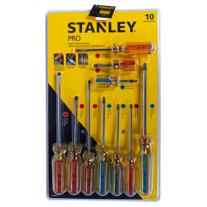 JUEGO DE 10 PIEZAS, DESTORNILLADORES PRO, 6 PLANOS Y 4 PHILLIPS. MARCA STANLEY