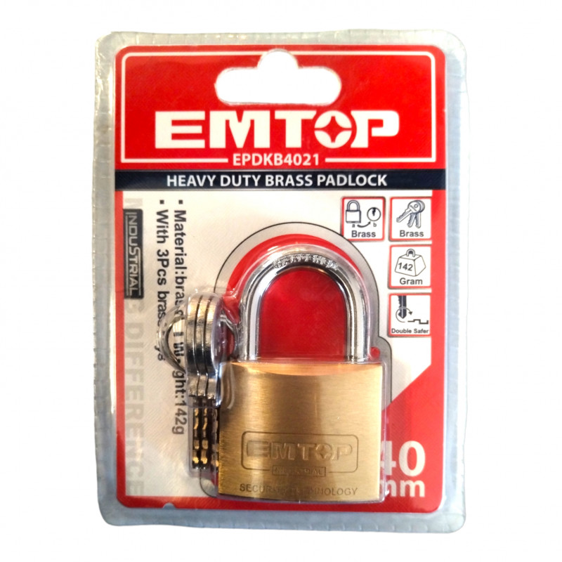CANDADO DE LATON DE 40 MILIMETROS, INCLUYE 3 LLAVES. MARCA EMTOP