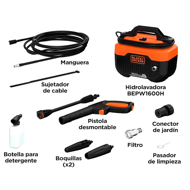 HIDROLAVADORA DISEÑO COMPACTO DE 1,300 WATTS, 1,600 PSI, FUNCION DE AUTO-ASPIRACION. MARCA BLACK ...