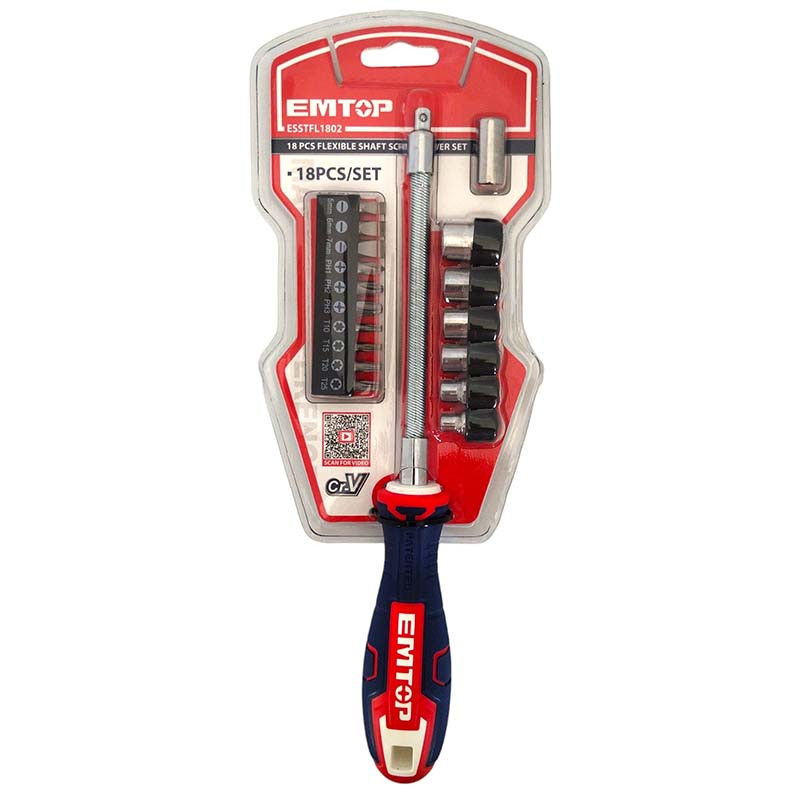 JUEGO DE DESTORNILLADOR CON EJE FLEXIBLE. INCLUYE PUNTAS Y COPAS. MARCA EMTOP