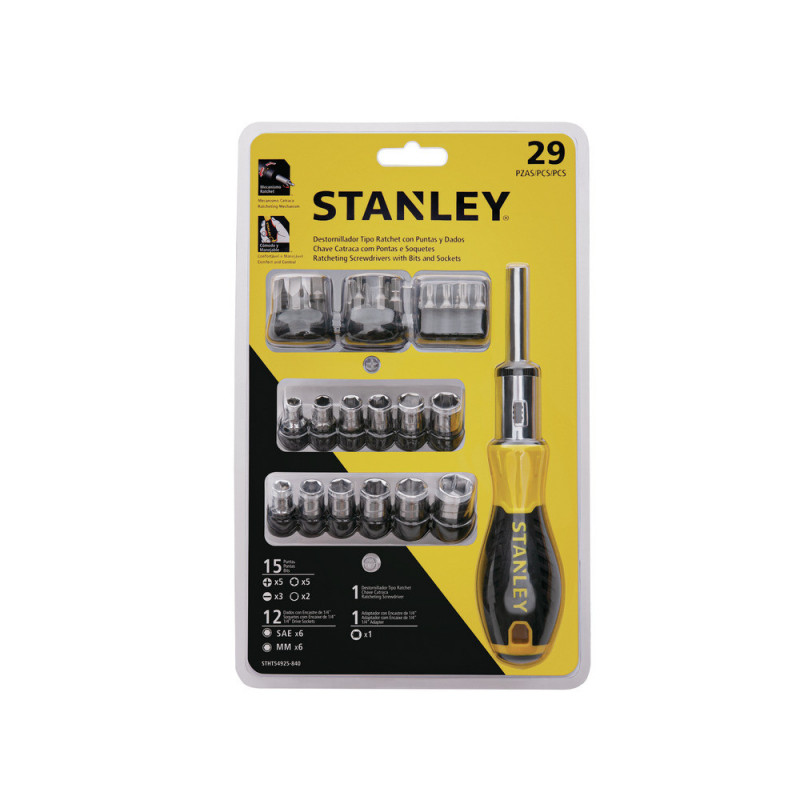 JUEGO DE 29 DESTORNILLADORES, CON RATCHET, PUNTAS Y COPAS. MARCA STANLEY